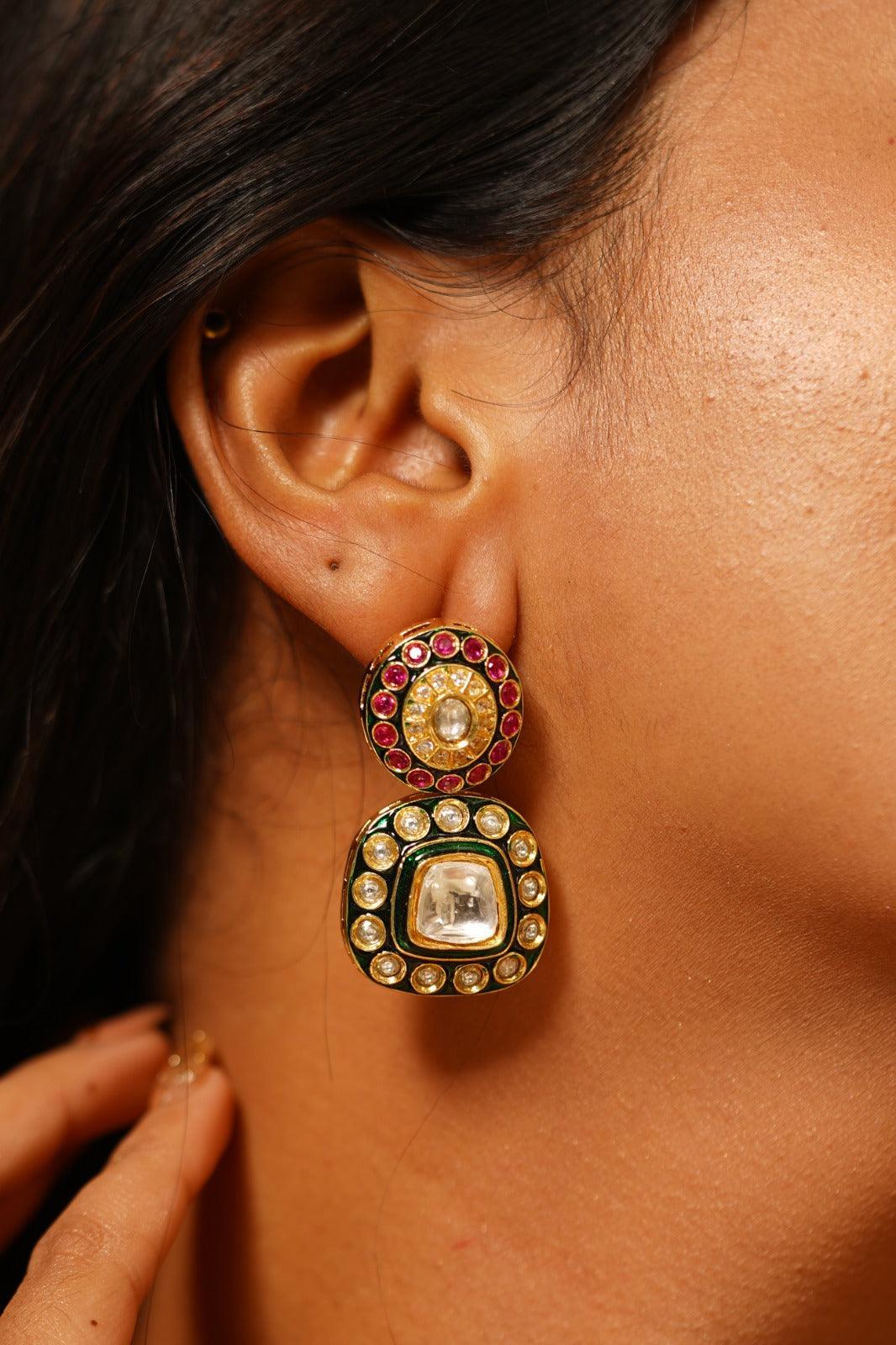 Dharni Meenakari Ruby emerald Mid Sized Indian earring – Attrangi