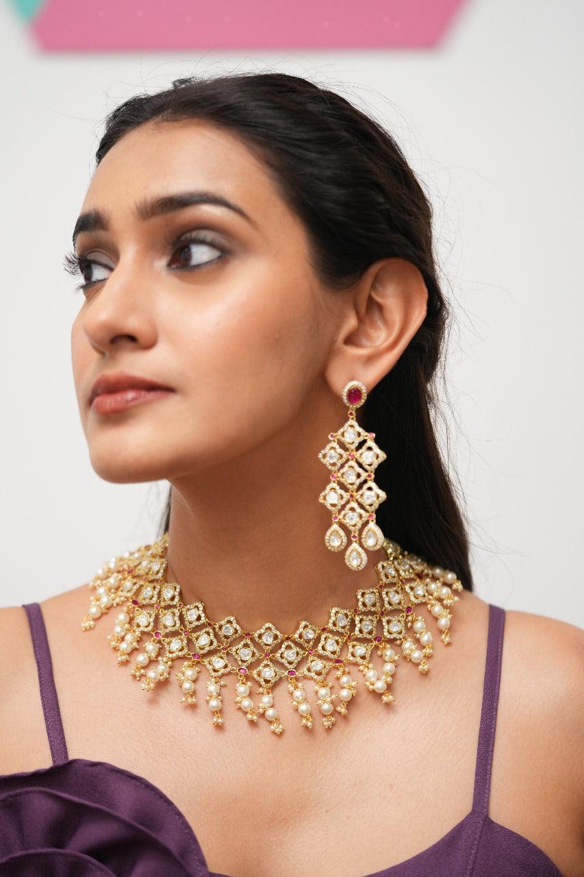 Rupa Moissanite Gold Polki Heavy Necklace | Choker Set – Attrangi
