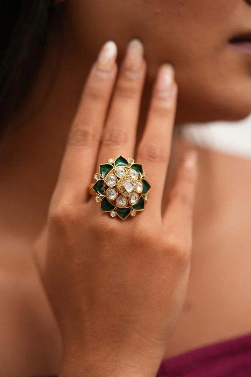 Sai Polki Floral Emerald Meena Cocktail Polki Ring | Adjustable – Attrangi