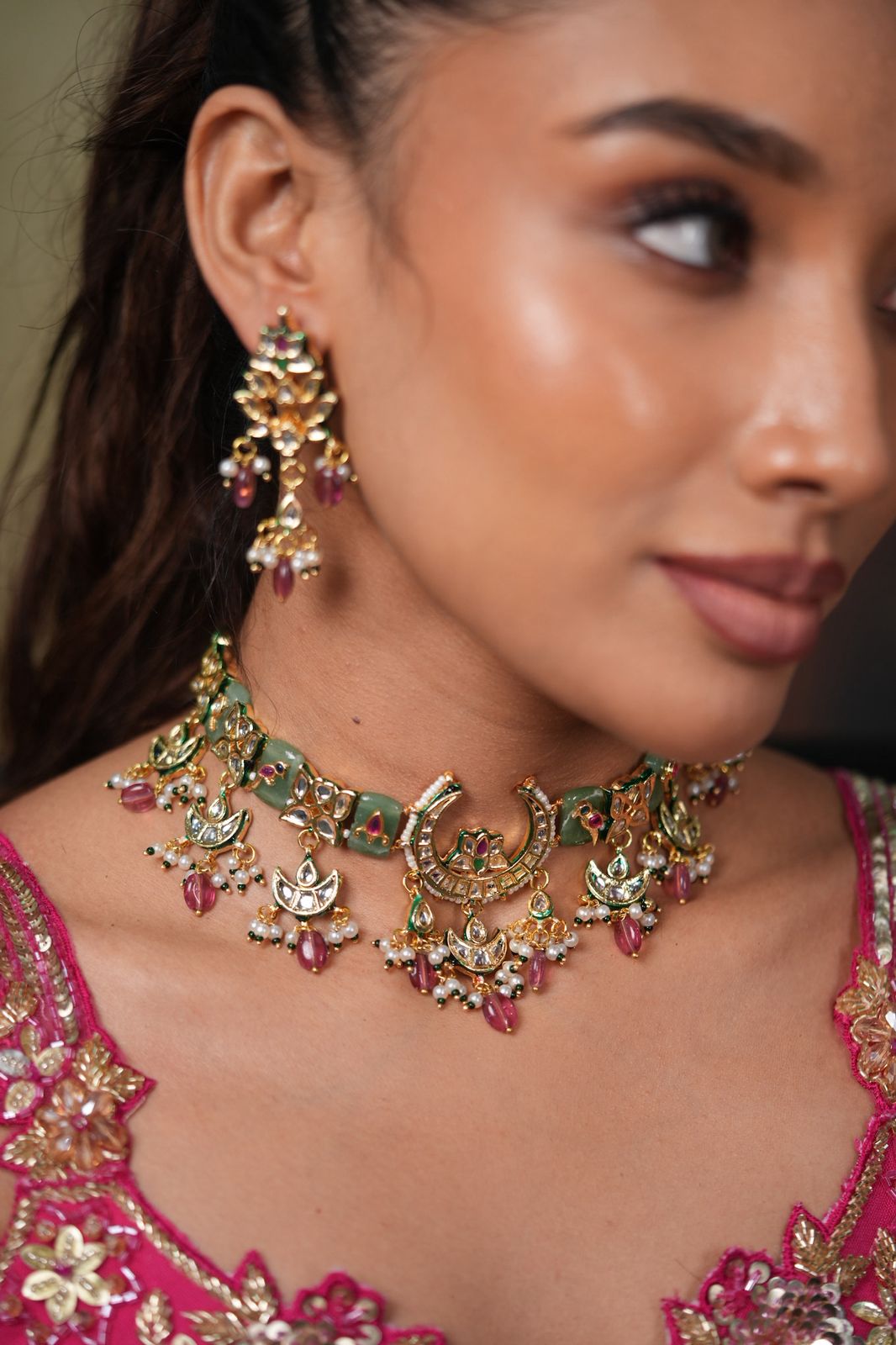 Radha Mint Red Kundan Mid Sized Choker Set